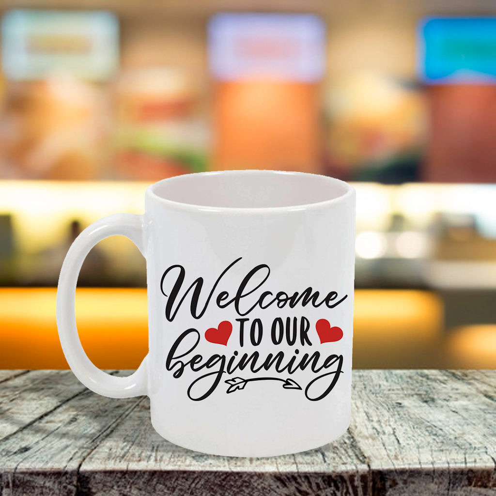 Welcome To Our Beginning Ceramic Mug - Purple Grasshopper Creative